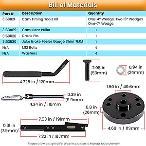 3163021 Cam Timing Tool Kit+3163530 Engine Brake Adjustment Tool 7MM for All Cummins ISX QSX Engine 2007-2017 with Cam Gear Puller & Crank Pin Replace OEM 3163069 3163020 Heavy Duty Steel (15 PCS)