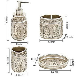 MyGift 4 Piece Vintage Silver Embossed Pattern Bathroom Accessory Set with Soap Dish, Tumbler, Toothbrush Holder, and Liquid Soap/Lotion Pump Dispenser