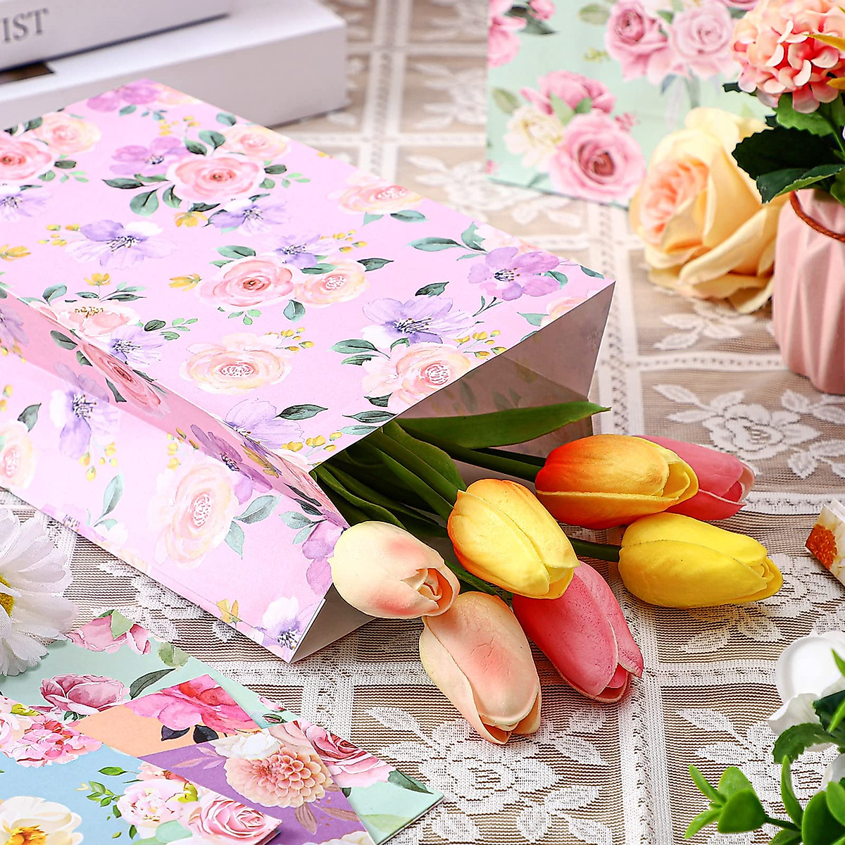 Panelee 24 Pcs Floral Paper Gift Bags Tea Party Bags Spring Goodie Bags Small Flower Candy Treat Bags for Wedding Bridal Baby Shower Birthday Mother's Day Decorations