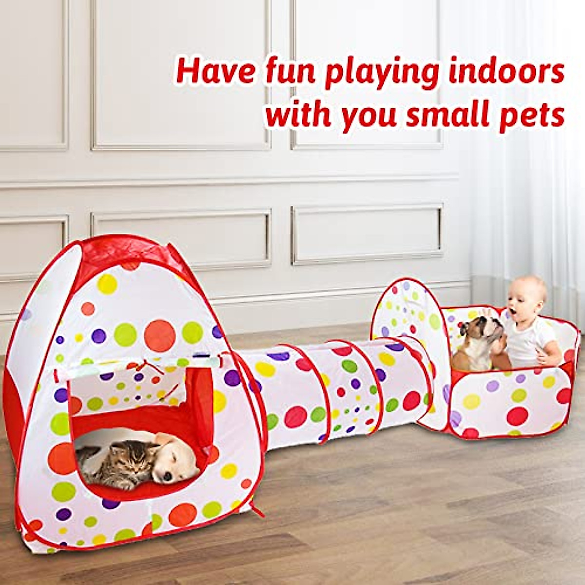 Fhiny Small Animal Playpen, Breathable Pop Open Portable Tent Rabbit Connect Tunnel Foldable Pet Exercise Enclosure Hiding Training Toys for Puppy Kitten Chinchilla Hamster Gerbils Guinea Pig (Red)