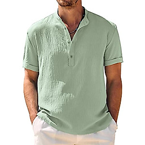 COOFANDY Men's Casual Henley Shirt Band Collar Short Sleeve Shirt Beach Shirt Light Green