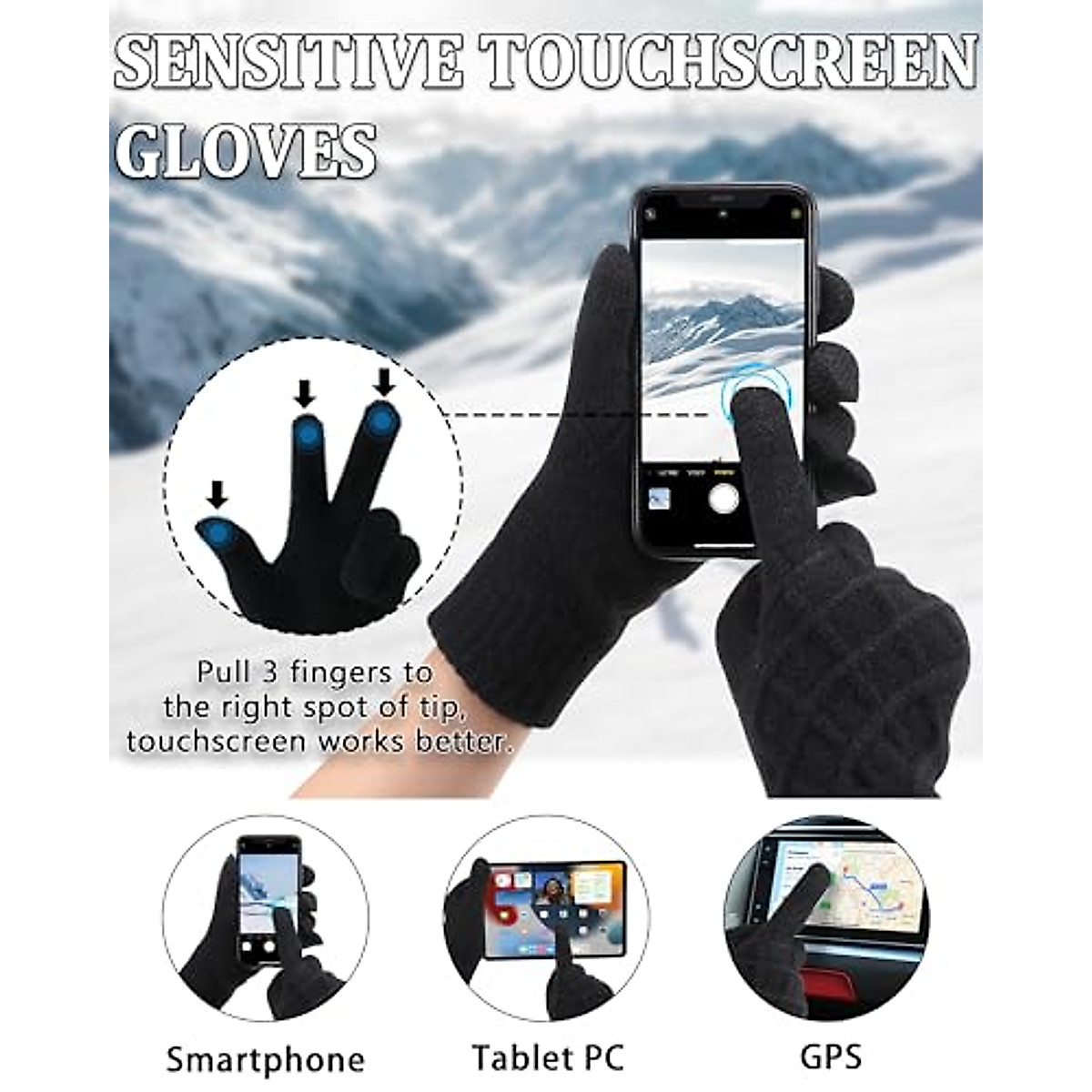 REACH STAR 2 Pairs Winter gloves for women Touch screen Cashmere Elastic Thermal knit Lining Warm Gloves for Cold weather for Running Driving, Gifts for Christmas (Black+Dark Gray)