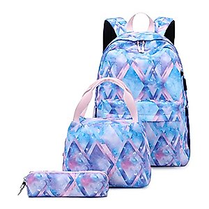 ZHIERNA Kids Backpack For Girls Teen ,3Pcs Set Cute elementary school Bag, 15.6in Laptop Daypack Bookbags With USB Charging Port … (Blue)
