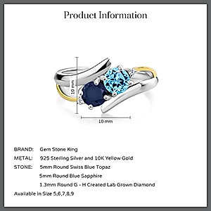 925 Sterling Silver and 10K Yellow Gold Swiss Blue Topaz Blue Sapphire and White Lab Grown Diamond 2 Stone Crossover Ring For Women (1.27 Cttw, Gemstone Birthstone, Available In Size 5, 6, 7, 8, 9)