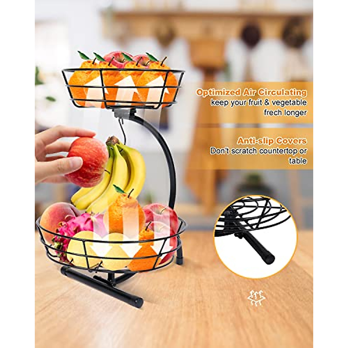 covsus 2 Tier Countertop Fruit Basket Bowl with Banana Hanger for Kitchen Counter, Wire Fruit Stand Holder for Fruits Vegetable Storage, Black