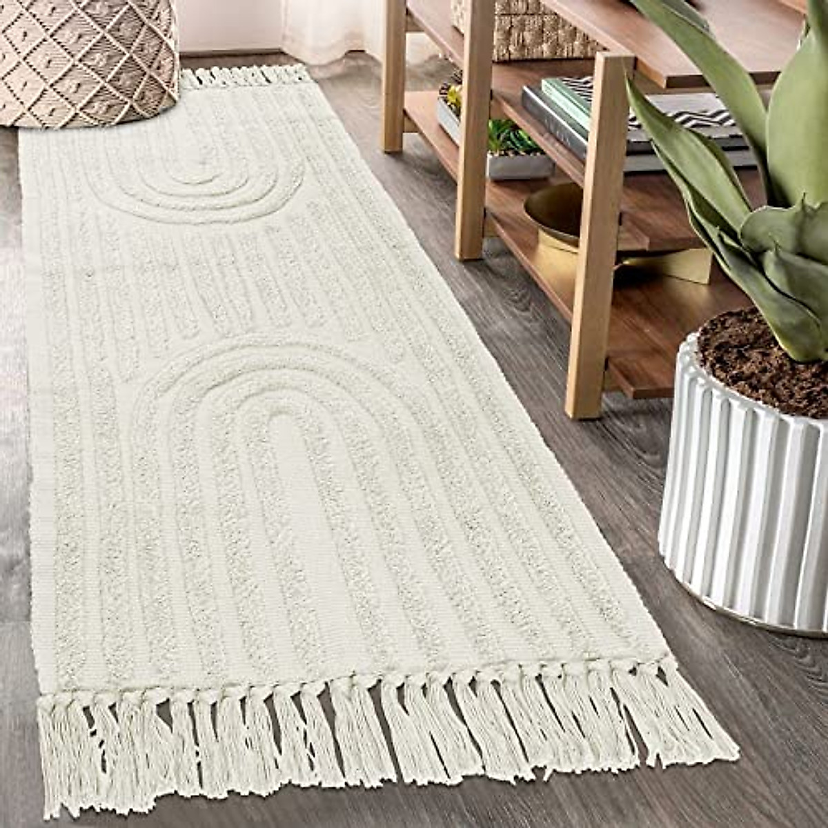 LEEVAN Hallway Runner Rug 2x8 Washable Kitchen Rug Boho Bedroom Rug with Tassel Beige Cotton Woven Floor Rug Long Entryway Rug Rainbow Rug Perfect for Office Living Room Laundry Room Dorm Classroom