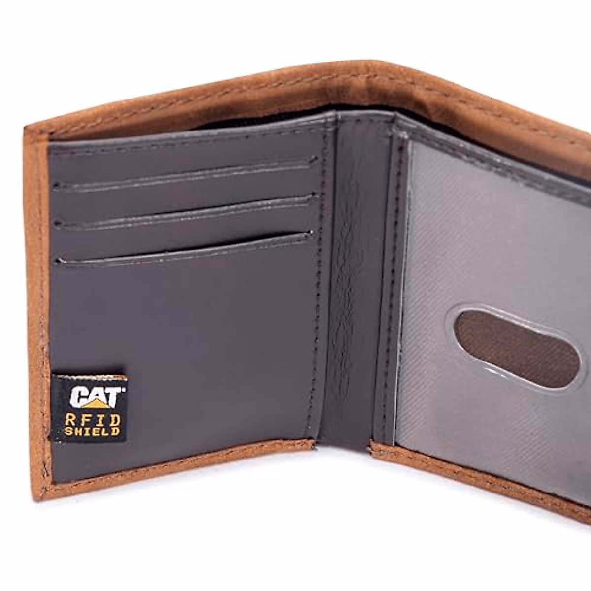 Caterpillar Men's Leather Trifold Wallet with ID Window, Tan, One Size