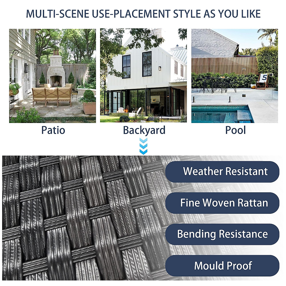 IDEALHOUSE 6 Pieces Blue Patio Sectional Furniture Set, Wicker Conversation Sets Patio Furniture, Brown Patio Sofa with 5 Navy Blue Seat Cushions and 1 Glass Coffee Table