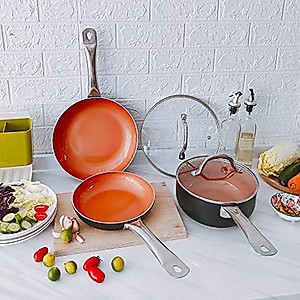 SHINEURI 5 Pieces Copper Cookware Copper Pans and Pot Nonstick Pot and Pans Copper Nonstick Cookware, Ceramic Pot and Pans, Copper Pot - 8 inch Pan, 9.5 inch Frying Pan and 2.5 qt Pot with Lid