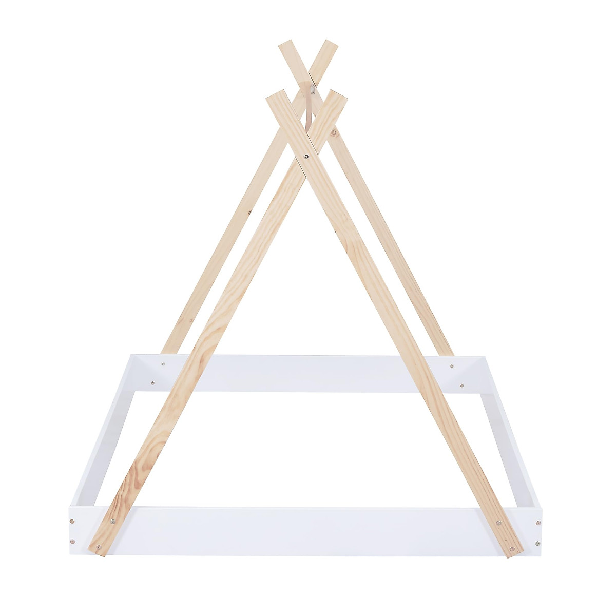 RORIGAT Full Size Tent Floor Bed with Triangle Structure,Wood Bed Frame for Girls and Boys,White+Natural