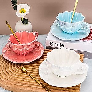 VCXOX Creative Cute Ceramic Coffee Mug with Flower Shape Saucer & Spoon Sets, Novelty Coffee Cup with Comfortable Grip for Office and Home, 8.1 oz/240 ML for Tea Latte Milk Cup (white)