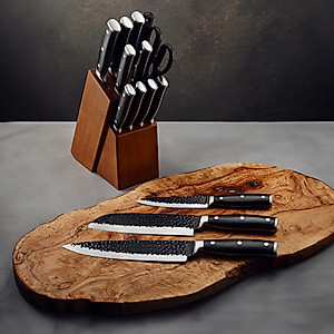 OrGREENiC Hammered High Carbon Steel Knife Set - Non-Stick Tsuchimi Blade Texture, Ergonomic Handle, Professional Sharpness for Precision Cutting - Includes Chef, Bread, Utility, and Steak Knives