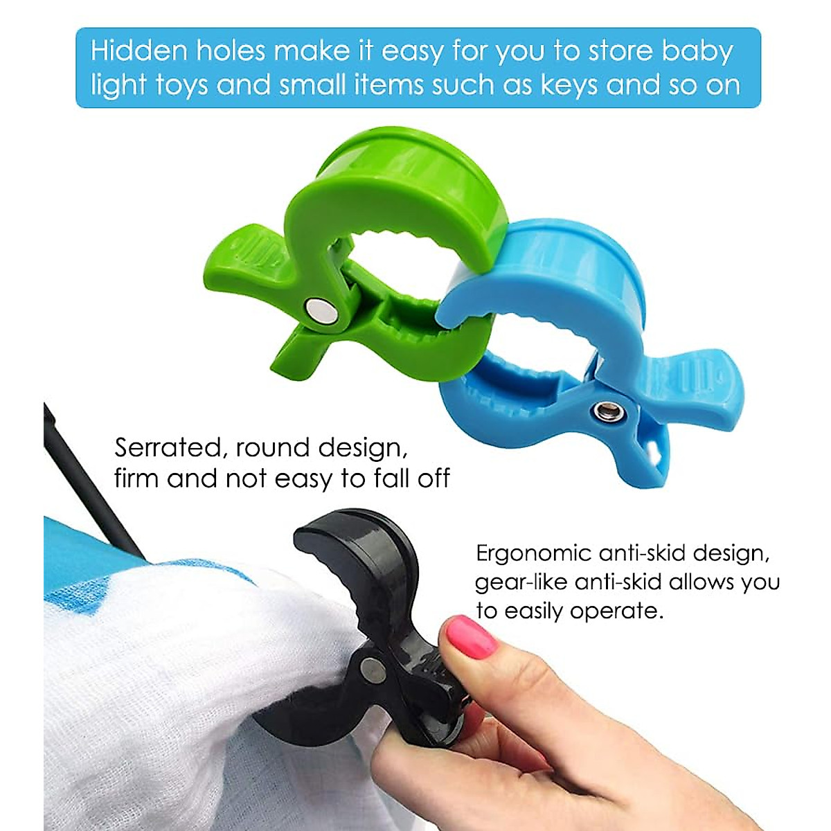 AKOAK 6 PCS Colorful Stroller Clip, Stroller Toy Holder, Blanket Clip, Sunshade, Windproof Clip, or Other Fixed, Plastic Universal Clip - Stroller Accessories
