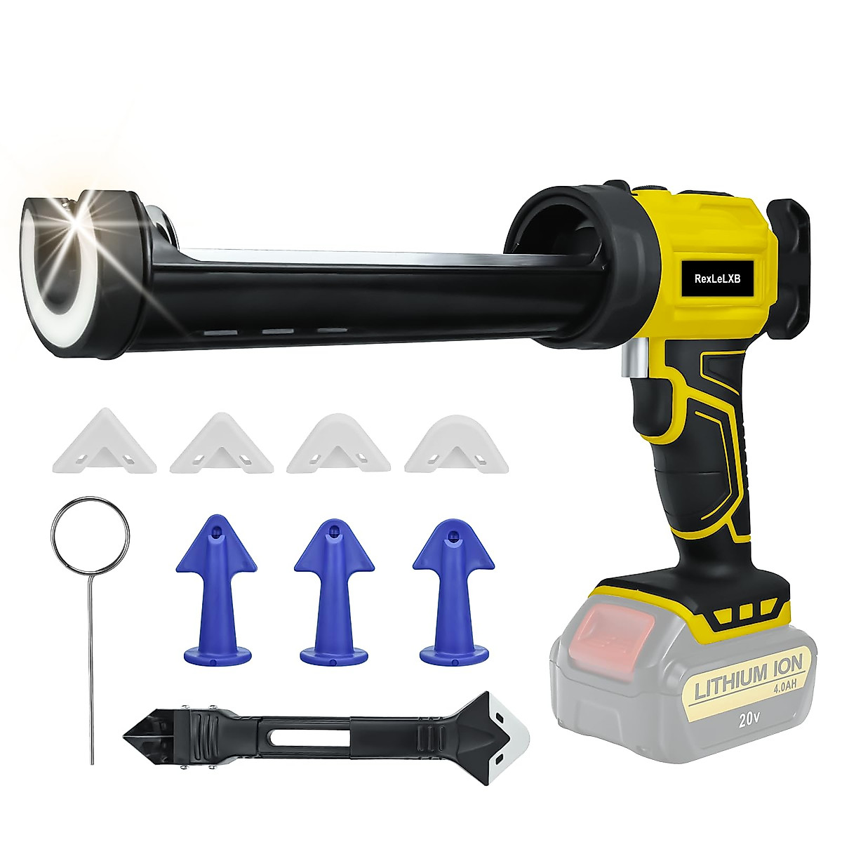 Cordless Caulking Gun for DeWALT 20V Battery, Electric Caulk Adhesive Gun with 450lm LED Light, 4 Adjustable Speeds, Drip-free Caulk Gun, 10oz/300ml Caulking Tool for Filling, Sealing(No Battery)