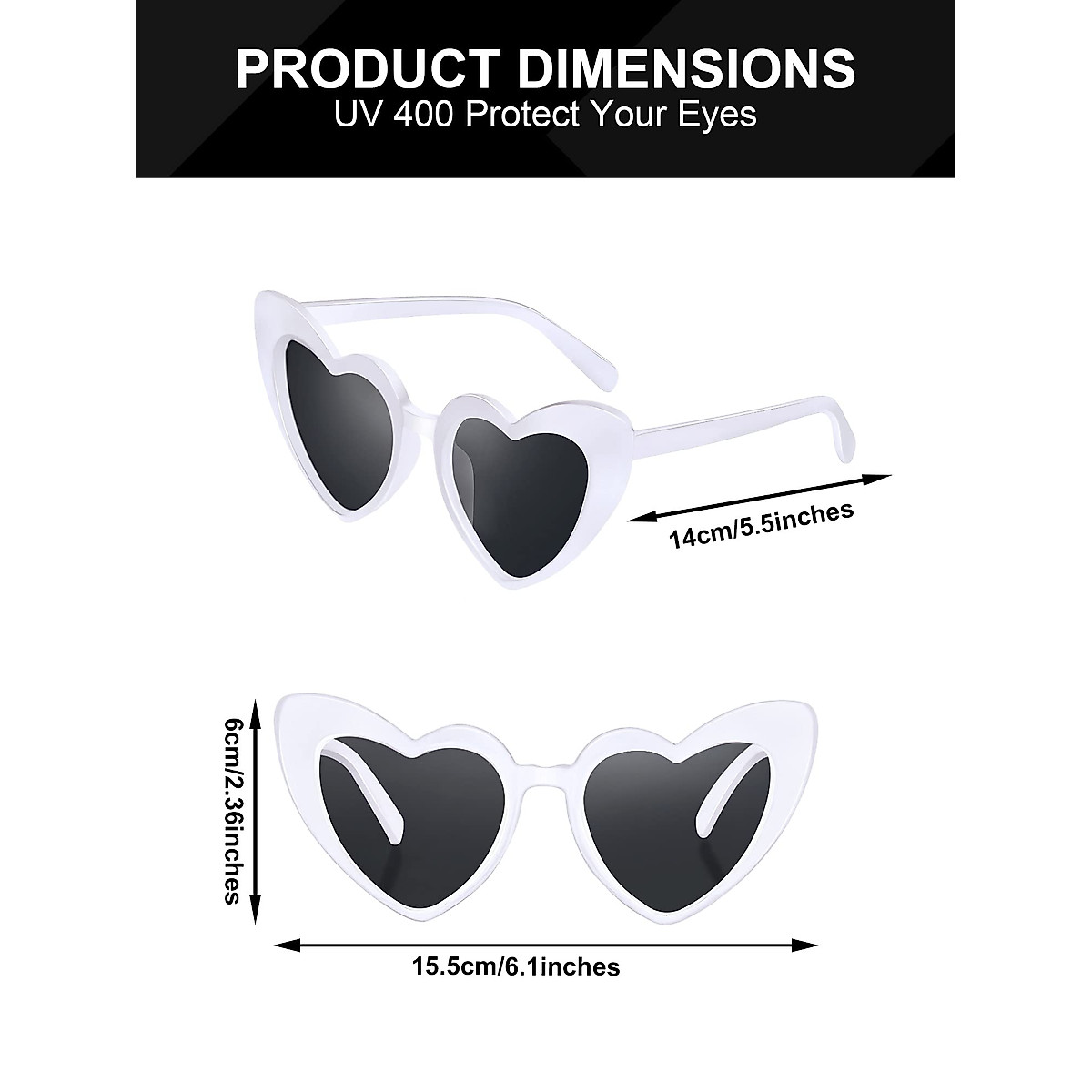 Frienda 6 Pairs Heart Shaped Sunglasses Cat Eye Sunglasses Vintage Heart Glasses for Wedding Costume Party (White-Grey)