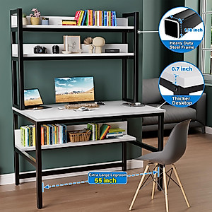 Aquzee Desk with Hutch, 55inch Computer Desks with Shelves, 4 Tiers Gaming Desk with Large Wood Desktop, Metal Legs, Ideal for Storage Study Work Writing Homework, White, 55Wx65Hx23.6D Inches