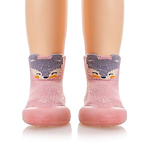 SeeyAN Baby Shoes First Walking Shoes Toddler Boys Girls Non Slip Rubber Sole Cartoon Slippers For Infant Indoor Baby Sock Shoes (Pink Fox, 6-12 Months)