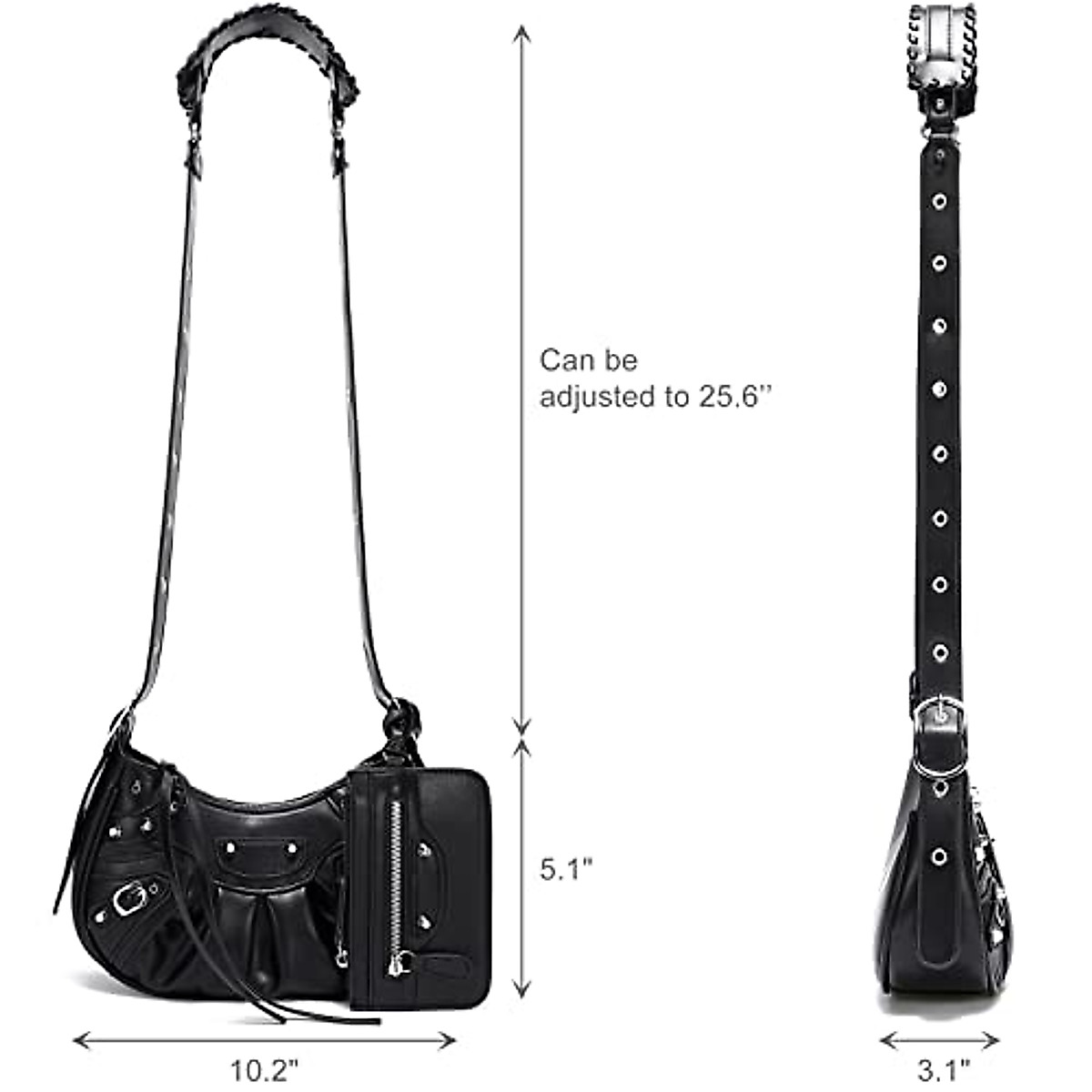 CATMICOO Shoulder Bag for Women Punk Style Rivet Satchel Handbags Y2K Purse with Removable Zipped Pouch