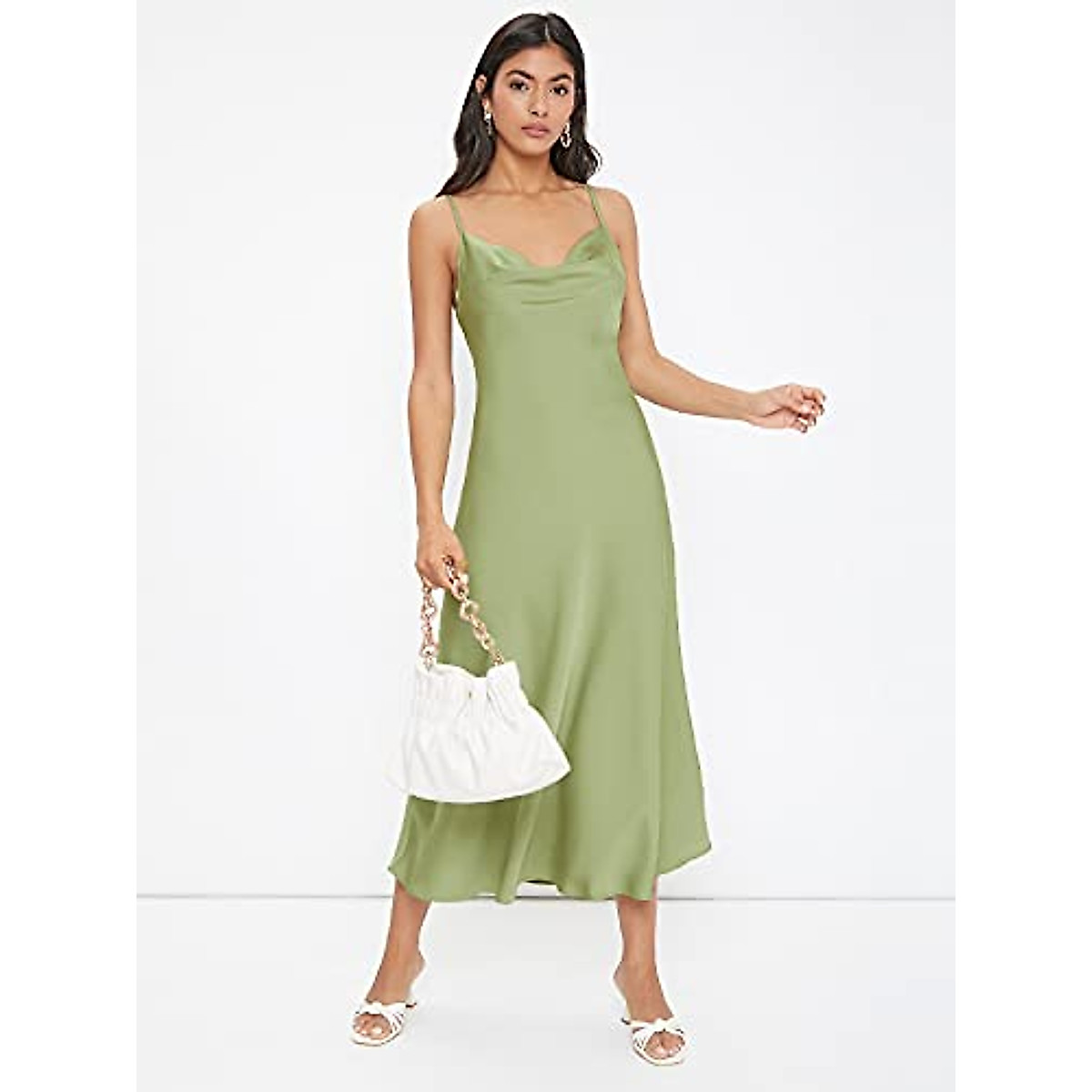 Floerns Women's Spaghetti Strap Cowl Neck Long Slip Satin Silk Midi Dress Green S