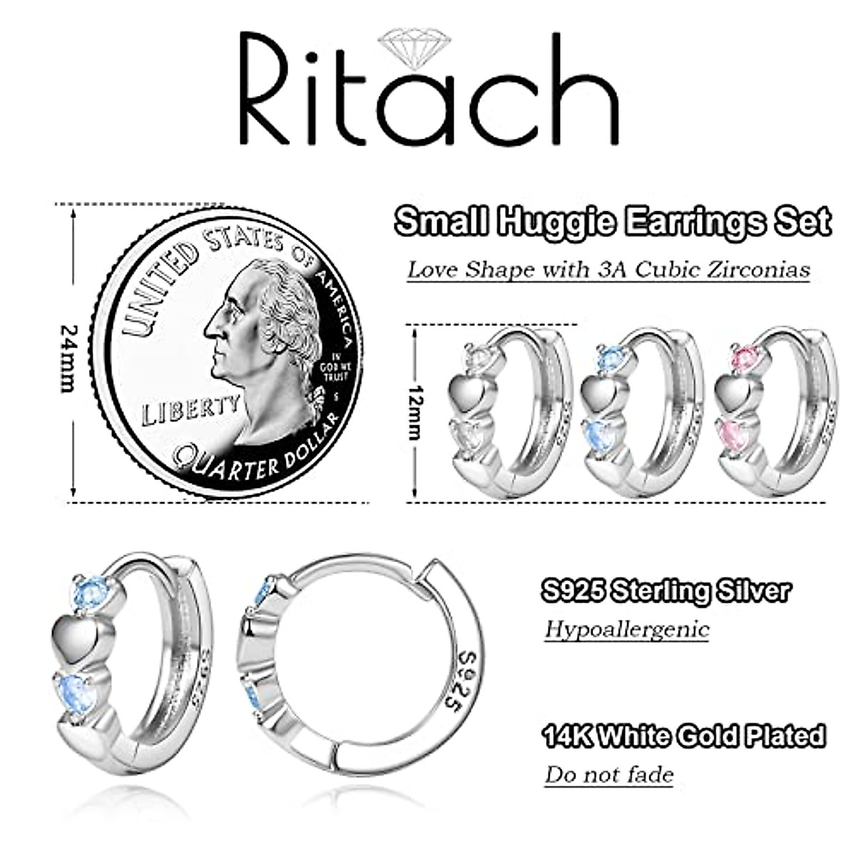 Double Love Heart Silver Huggie Hoop Earrings for Women Cubic Zirconia 925 Sterling Silver Cute Sleeper Earrings for Women