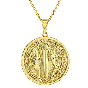 Gold Plated Reversible Religious Saint Benedict Medal Pendant Necklace Ideal for Ladies & Women 19" - Meaningful and Special Religious Jewelry Gift for Loved Ones