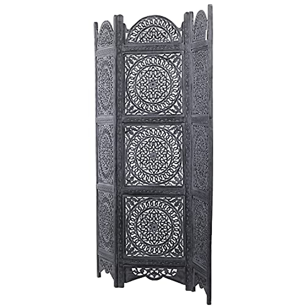 Deco 79 Wood Floral Handmade Hinged Foldable Partition 3 Panel Room Divider Screen with Intricately Carved Designs, 60" x 1" x 72", Black
