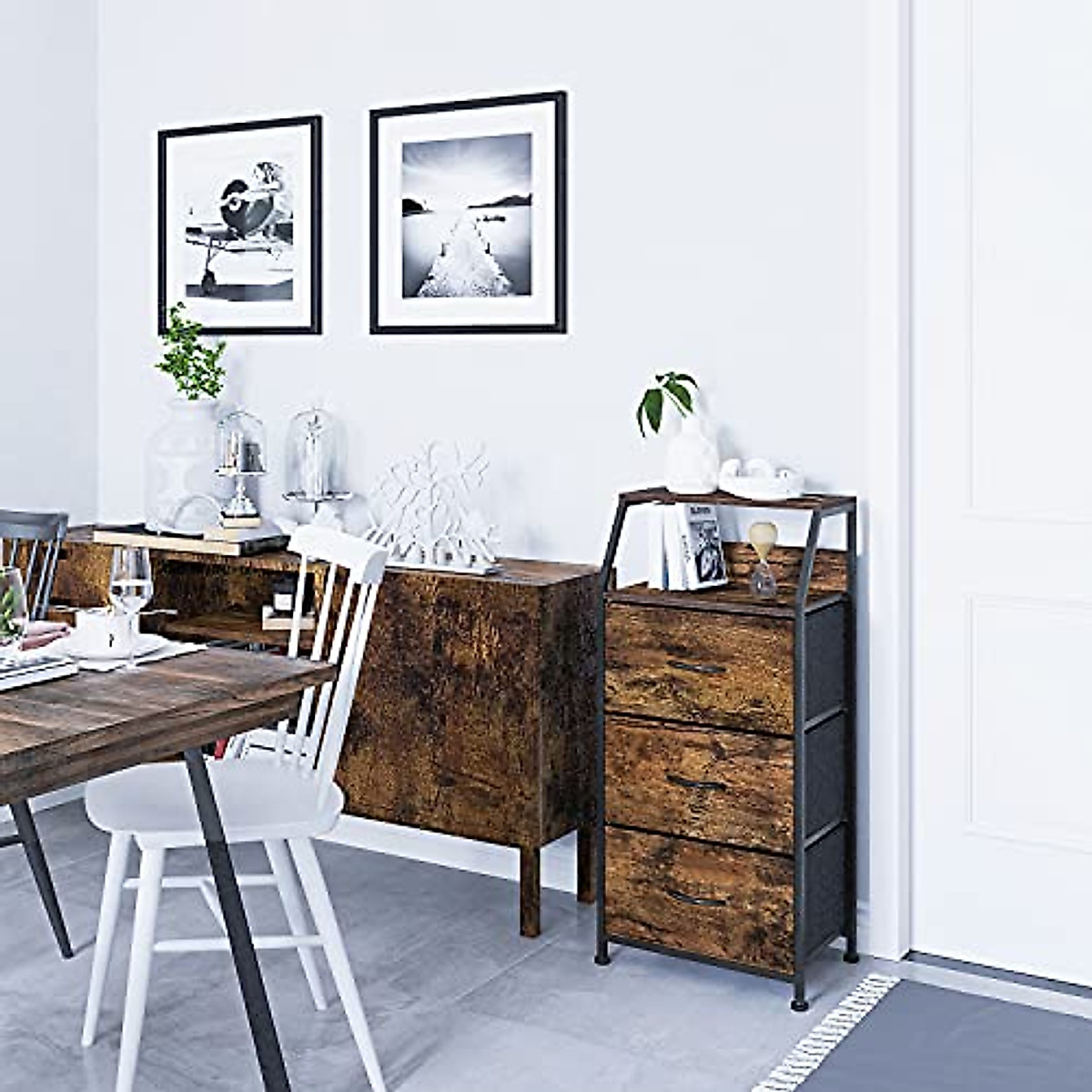 USJRAO Wood Veneer Fabric Dresser with 3 Drawers and Shelves Chests of Drawers Organizers Uint Storage Tower Side Table for Closet Bedroom Living Room Kitchen Entryway Steel & Rustic Brown