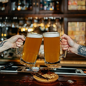 PROLISOK Glass Beer Mugs with Handle – 34 fl. oz. / 1L – Large & Heavy Beer Stein for Root Beer – Best Gift for Men Father Boyfriend Brother Dad – Set of 2