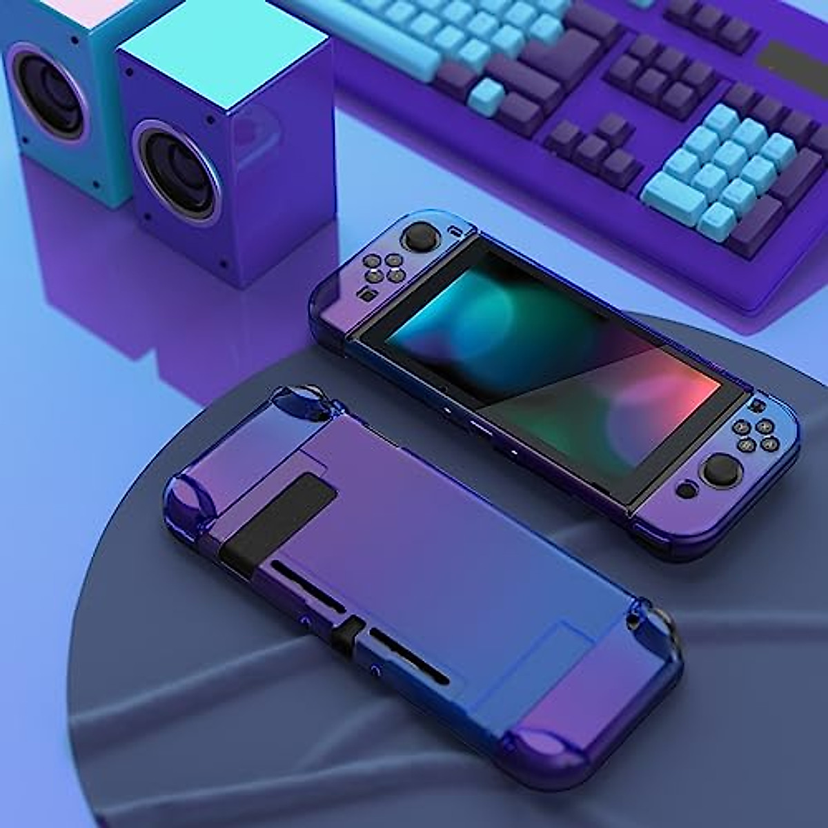 eXtremeRate PlayVital Back Cover for Nintendo Switch Console, Handheld Controller Protector Hard Shell for Joycon, Dockable Protective Case for Nintendo Switch - Gradient Translucent Bluebell