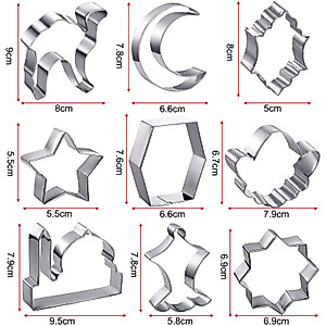 9 Pieces Eid Mubarak Cookie Cutters Eid Ramadan Biscuit Molds DIY Biscuit Cutters Stainless Steel Fondant Cutters with Lantern Camel Moon Design for Eid Mubarak Holiday Party Supplies