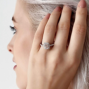 BeFab Silver 1.0 Ct (7x5mm) Emerald Cut Engagement Ring Accented Halo Wedding Ring Half Eternity Radiant Cut Anniversary Ring (Silver, 7)