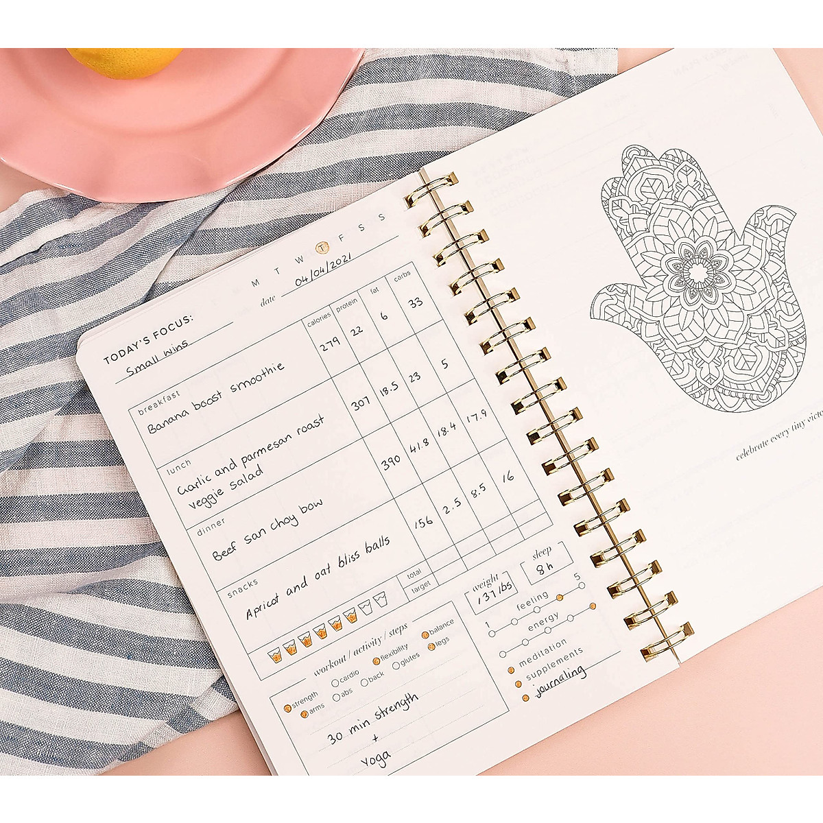 Kunitsa Co. Food and Exercise Journal for Women. Track Meals, Nutrition and Weight Loss - 90 days (Pink) 8.5″ x 6″