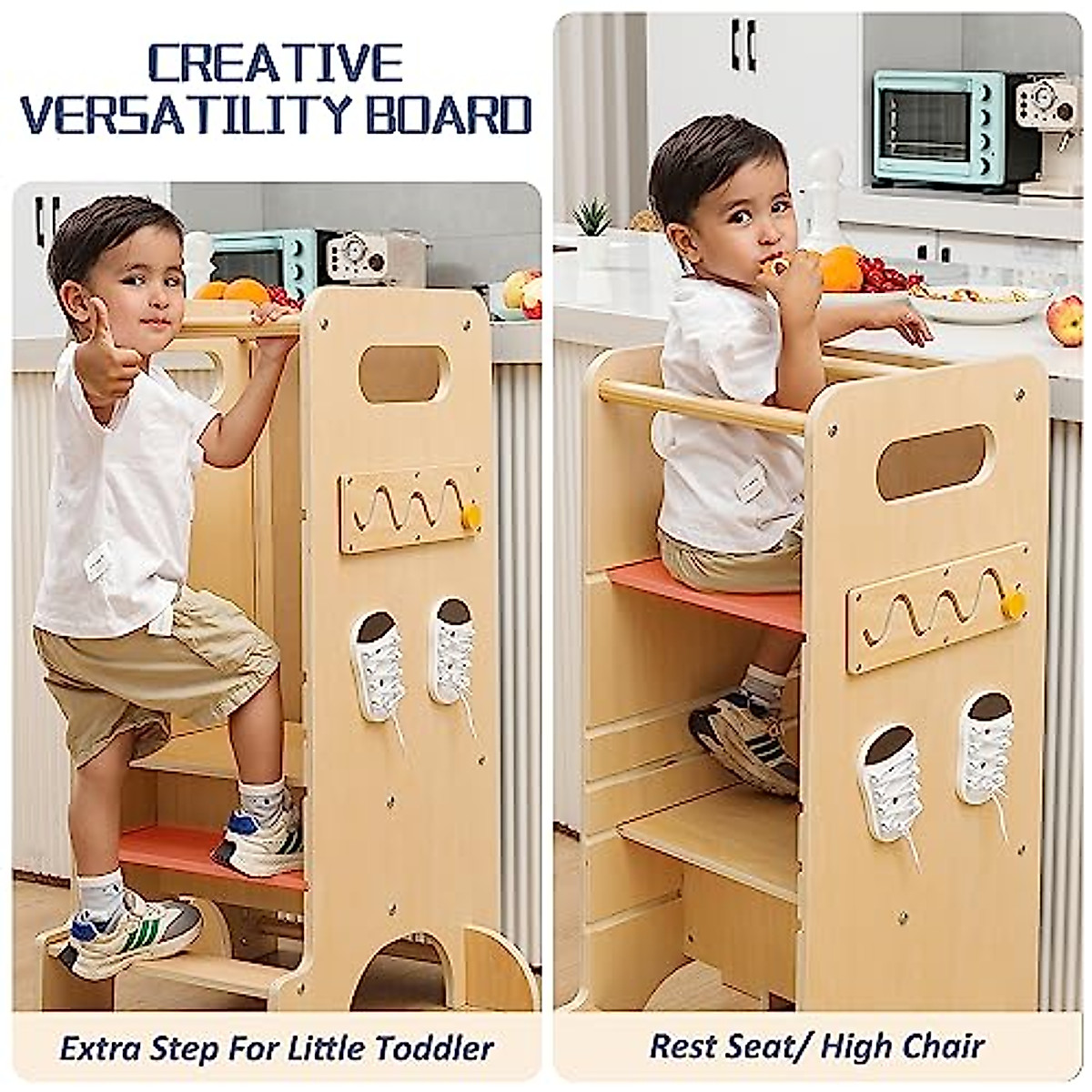 Learning Tower, JUZBOT 4 in 1 Toddler Tower Kitchen Stool Helper Wooden Height Adjustable Standing Tower for Kitchen Counter with Slide, High Chair, Chalkboard Montessori Activities