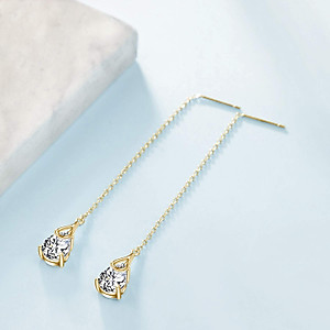 Gold Plated Threader Earrings Sterling Silver Teardrop Drop Pull Through Threader Earrings with Cubic Zirconia