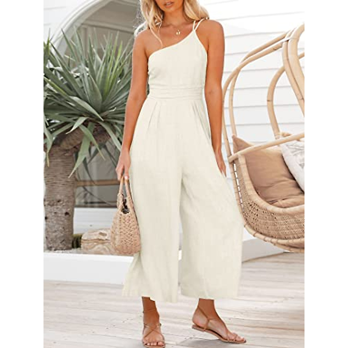 ANRABESS Women's Summer Straps One Shoulder Dressy High Waist Casual Wide Leg Jumpsuit Romper with Pockets 502mibai-L