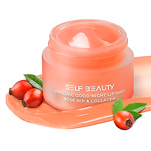 SelfBeauty Lip Mask - Rosehip & Collagen, Vegan Lip Balm, Lip Moisturizer, Overnight Hydrating Lip Treatment with Collagen Peptide, Lip Scrub Exfoliator Intensive Lip Repair, 0.51fl.oz