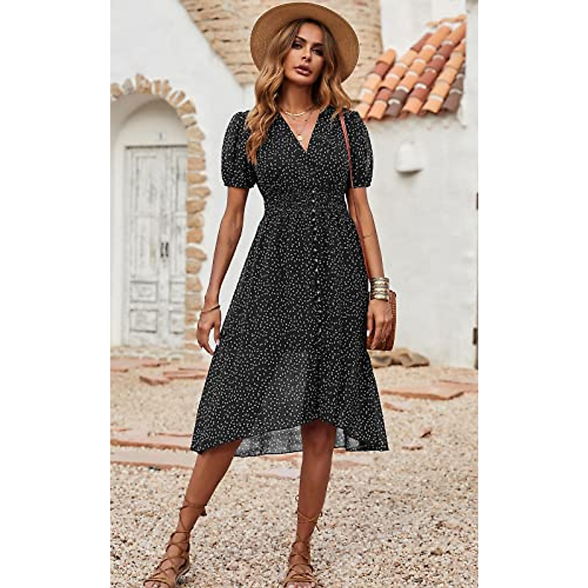 PRETTYGARDEN Casual Summer Dresses for Women Knee Length Polka Dot Floral Printed Short Sleeve Wrap Dress Midi Button Down Dress for Women Wedding Guest (Black, Medium)