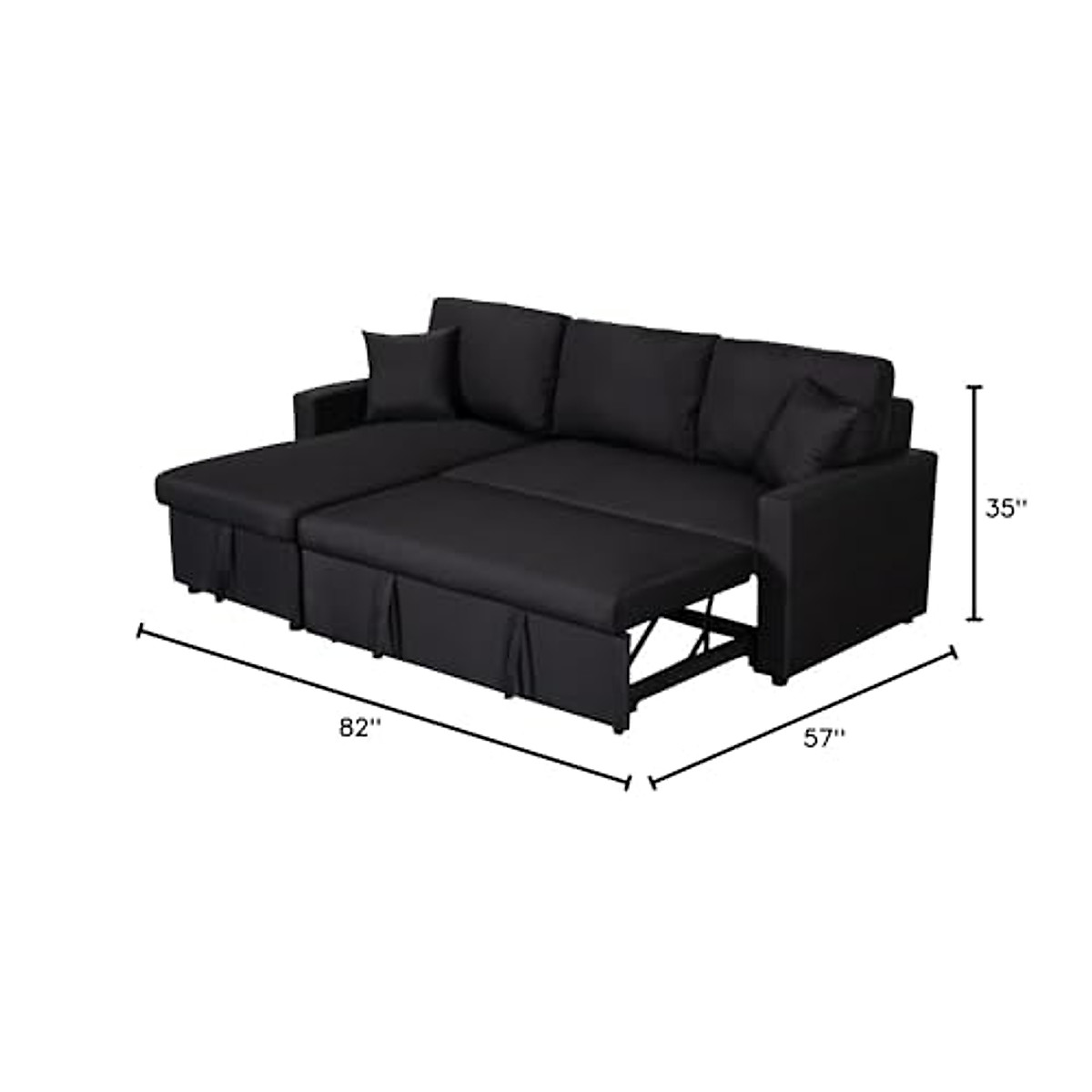 FurniFusion Living Room L-Shape Linen Reversible Sleeper Sectional Sofa with Storage Chaise, Black Corner Couch with Arms for Home Furniture, Apartment, Dorm, 82 Inch