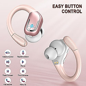Wireless Bluetooth Earbud Sport, Bluetooth 5.3 Headphones with Noise Cancelling Mic, 90H HiFi Stereo Over Ear Earbud with LED Display and USB-C, IP7 Waterproof Earphones, Button Control, Rose Gold