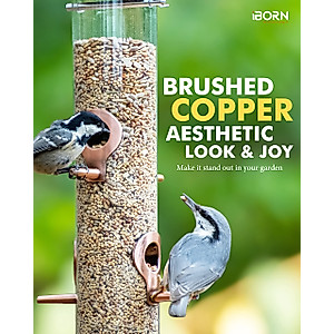 iBorn Metal Bird Feeders Brushed Copper Wild Bird Feeder for Outdoors Hanging All Metal Brushed Copper Finishing 14 Inch 6 Port(Seed is not Included)