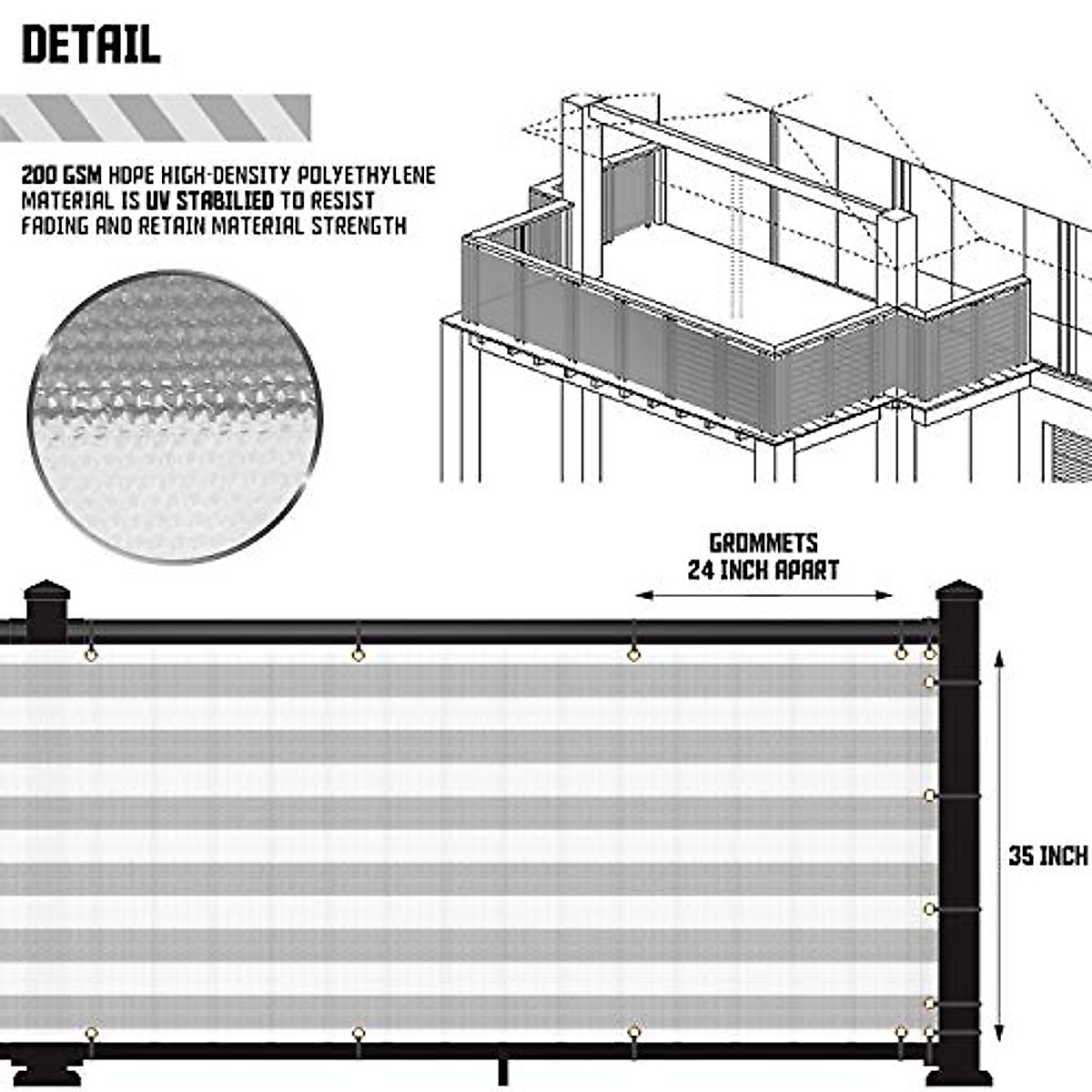 TANG SunShades Depot 35" x 10' White & Grey Stripes Balcony Privacy Screen Fence Windscreen for Porch Deck Outdoor Backyard Patio Balcony to Cover Sun Shade UV-Proof fits Perfectly on 3'x10' Fence