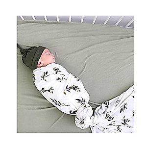 Little Jump stretchy baby Swaddle Blanket and Hat Bow Set, Olive Branches Jersey Cotton Receiving Blanket, newborn hospital outfit for Boys (Green)