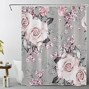 LB Pink Peony Floral Shower Curtain for Bathroom, Farmhouse Wildflower with Grey Leaf Fabric Shower Curtain with Hooks, Country Nature Plant Bathroom Curtain Shower Set, 60" W x 72" L