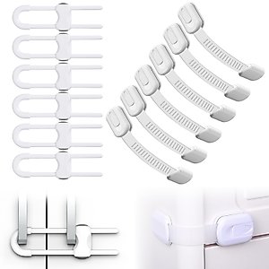 MYBOLE 12 Packs Sliding Cabinet Locks, U-Shaped Baby Proofing Cabinet Locks for Knob Handle on Kitchen Storage Door Cupboard Closet Dresser, Adjustable Toilets Seat Latches Set of 6 each - No Drilling