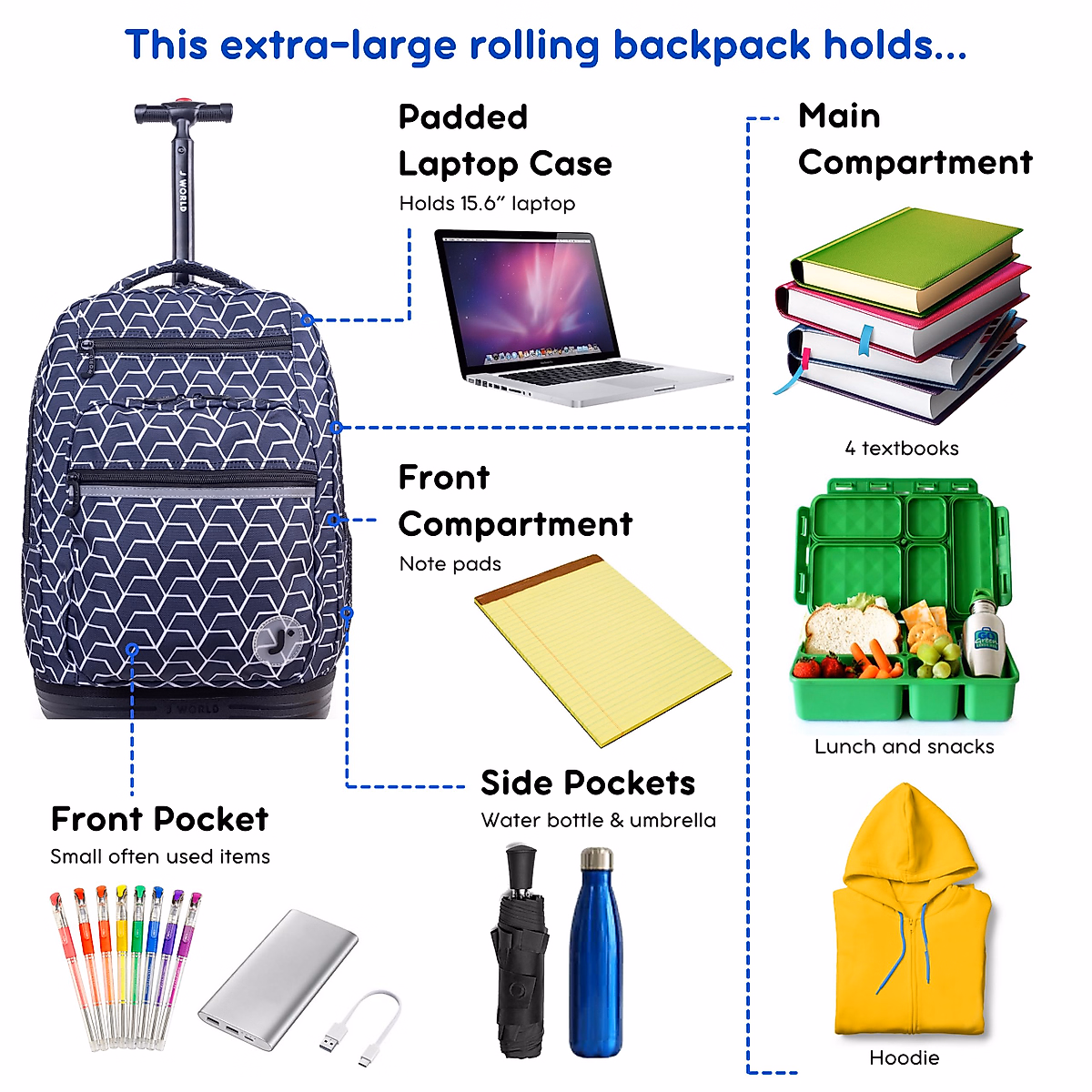 J World New York Sundance Rolling Backpack Girl Boy Roller Bookbag, Black and White, 20 X 13 X 9 (H X W X D)