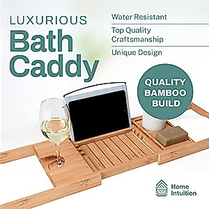 Home Intuition Expandable Bamboo Bathtub Tray Caddy (27.75-41.5 Inches) Luxury Bath Tub Tray Table Bathtub Caddy Bath Accessories for Women & Men Bath Tray Shelf with Book & Wine Holder