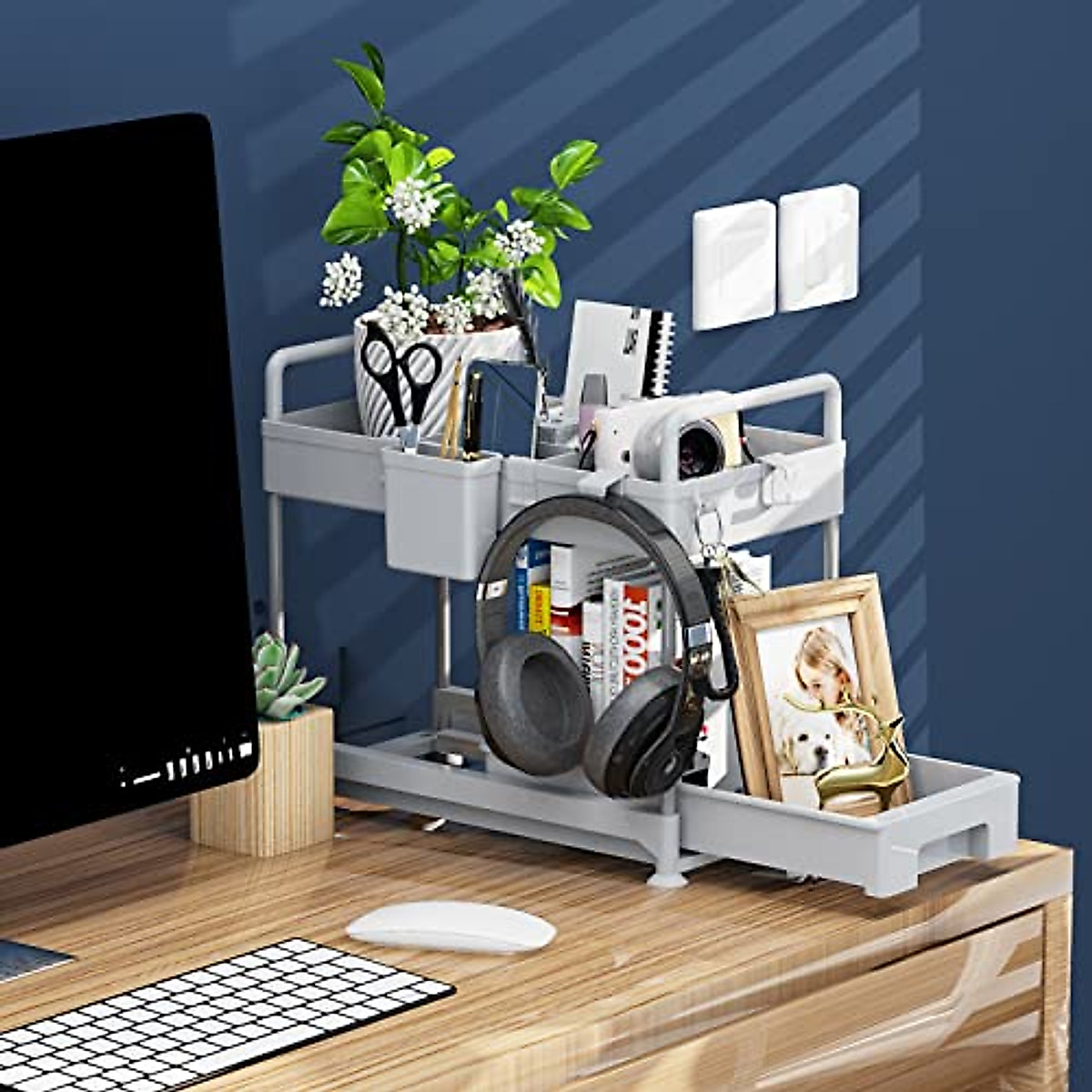 SOLEJAZZ 2-Tier Under Sink Organizer, Sliding Under Bathroom Cabinet Storage Drawer Organizer with Hooks, Hanging Cup, Dividers, Handles, Multi-purpose Under Sink Shelf Organizer, Gray, 2 Pack