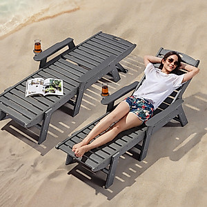 VEVOR Chaise Lounge Chair, 450 lbs Weight Capacity, Adjustable Patio Lounge Chair for Outdoor with 6 Positions Backrest, HDPE Lounge Chair with Cup Holder for Pool Poolside Deck Backyard Lawn, Gray