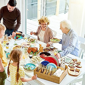 Frcctre Bamboo Utensil Caddy Organizer for Countertop, 8 Compartment Paper Plate Holder, Adjustable Utensil Holder Silverware Organizer Cutlery Organizer Box for Plate, Cup, Fork, Spoon, Napkin