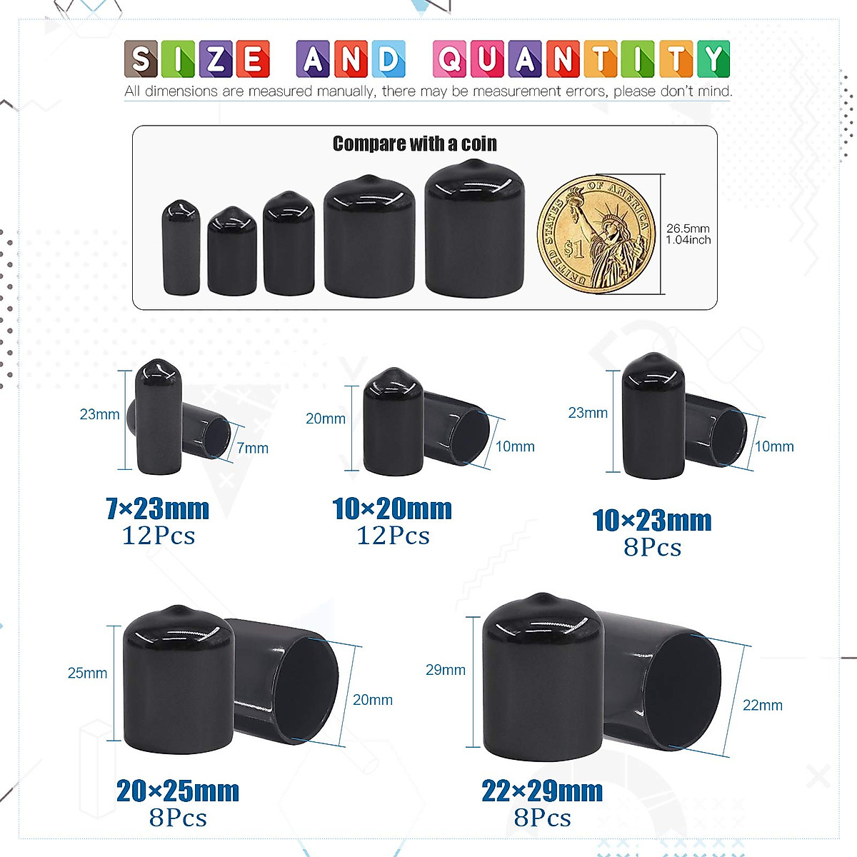 Glarks 48Pcs 1/4'' 3/8'' 1/2'' 3/4'' 7/8'' ID Black Rubber Thread Protector Covers Assortment Kit Vinyl Tube End Caps Round End Flexible Caps Set for Protecting Furniture Feet Tube and Screw